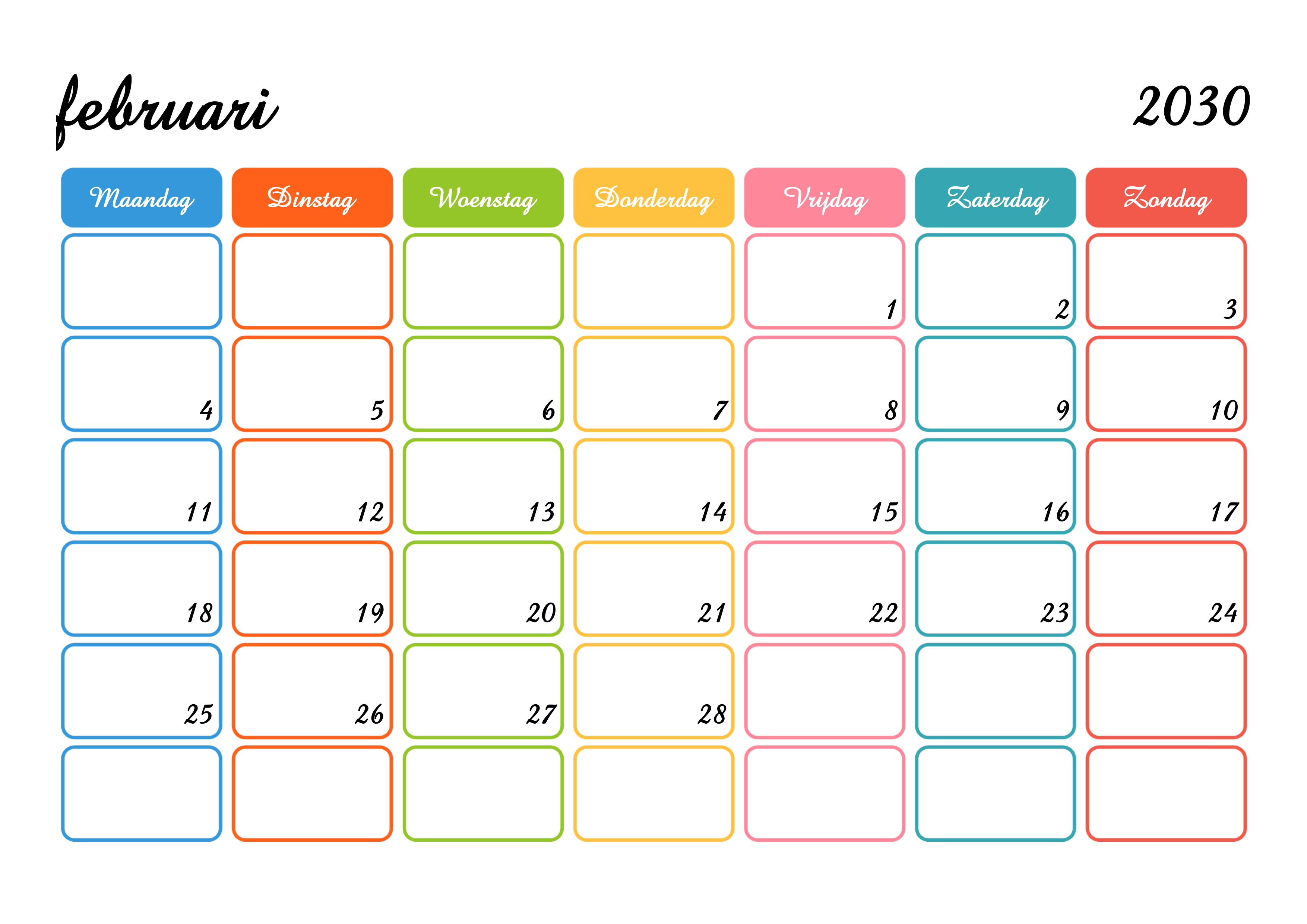 Mooie kalender planner februari 2030 – kalende.ru
